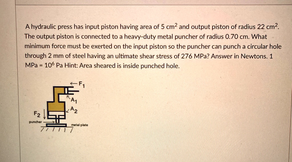 [GET ANSWER] a hydraulic press has input piston having area of 5 cm2 ...