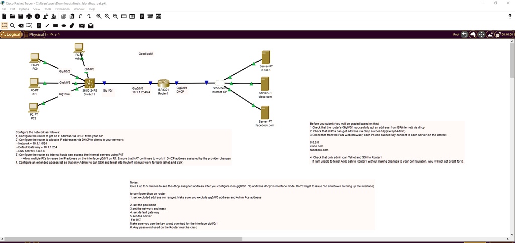 Solved Configure The Network As Follows 1 Configure The Router To Get An Ip Address Via Dhcp