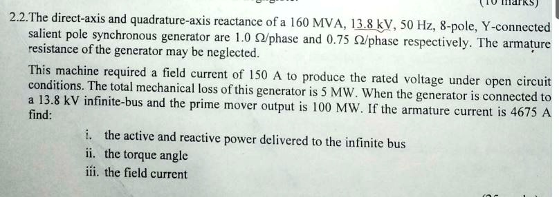 Solved 2 2 The Direct Axis And Quadrature Axis Reactance Of A 160 Mva 13 8 Kv 50 Hz 8 Pole