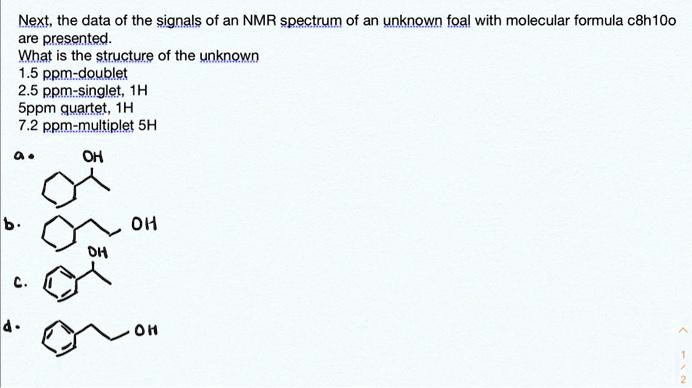 SOLVED: Next,the data of the signals of an NMR spectrum of an unknown ...