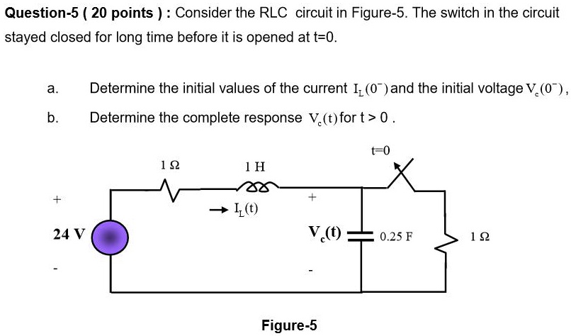 SOLVED: Question 5 (20 points): Consider the RLC circuit in Figure 5. The switch in the circuit ...