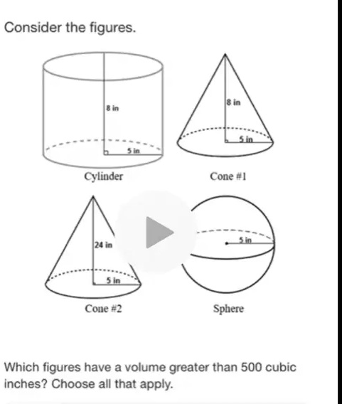 Consider the figures. 8 in 8 in Cylinder 5 in 5 in Cone #1 5 in 24 in 5 ...