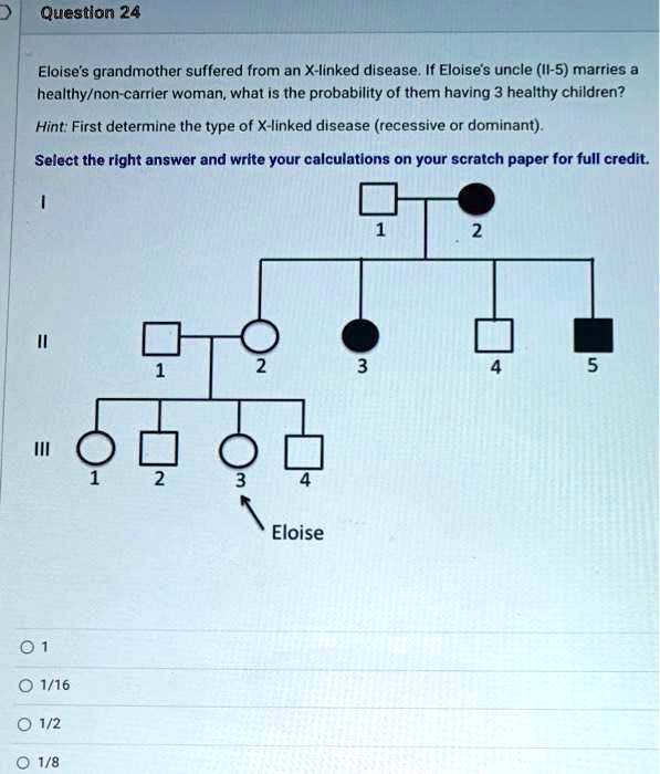 SOLVED: Eloise's grandmother suffered from an X-linked disease. If ...