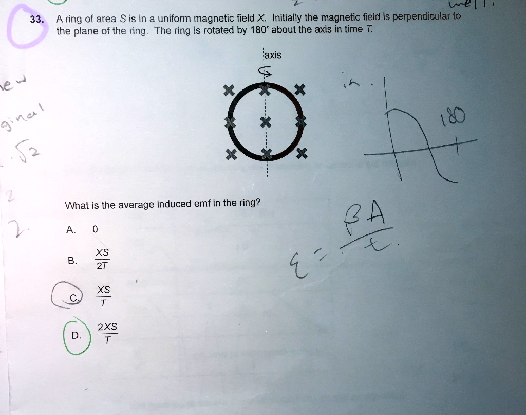 33. A ring of area S is in a uniform magnetic field X. Initially the ...