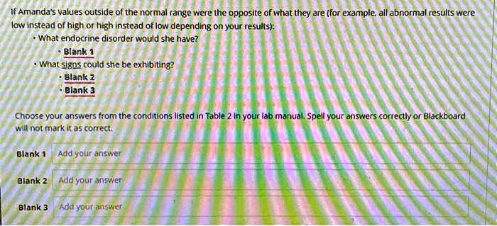 SOLVED: If Amanda's values outside of the normal range were the ...