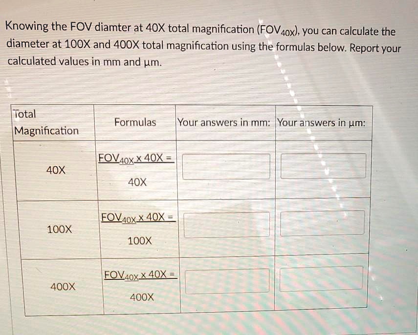 knowing the fov diamter at 4ox total magnification fov4ox you can ...