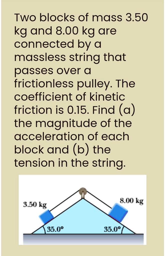 two blocks of mass 350 kg and 800 kg are connected by a massless string that passes over a ...