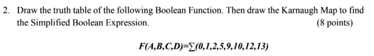 2. Draw the truth table of the following Boolean Function. Then draw the Karnaugh Map to find (8 ...
