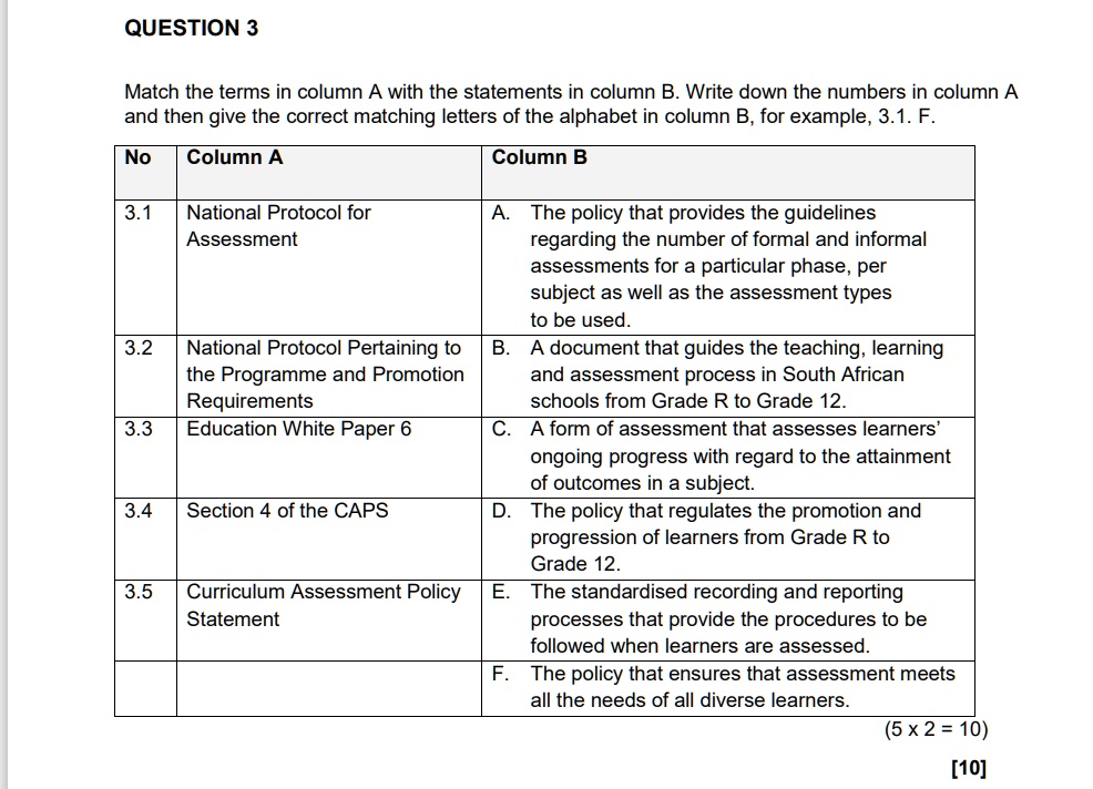 QUESTION 3 Match the terms in column A with the statements in column B ...