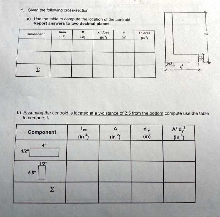 given the following cross section use the table to compute the location of the centroid report ...