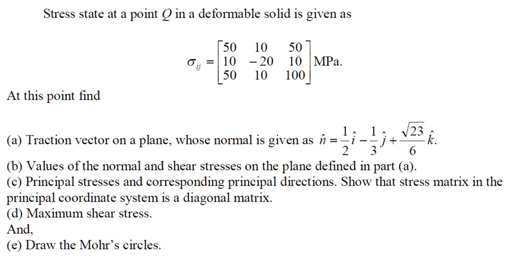 Stress state at a point Q in a deformable solid is given as σij = MPa. At this point find (a ...