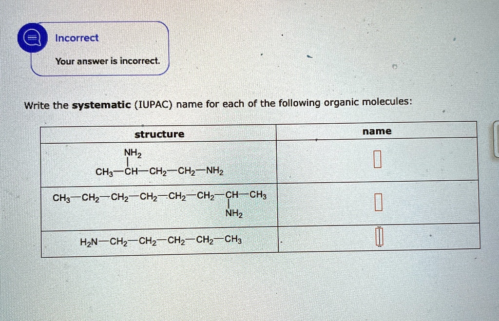 Incorrect Your answer is incorrect. Write the systematic (IUPAC) name for each of the following ...