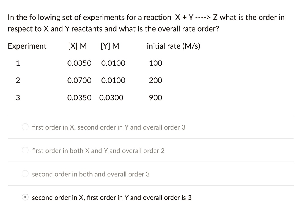 SOLVED: In the following set of experiments for a reaction X+ Y —-> Zwhat is the order in ...
