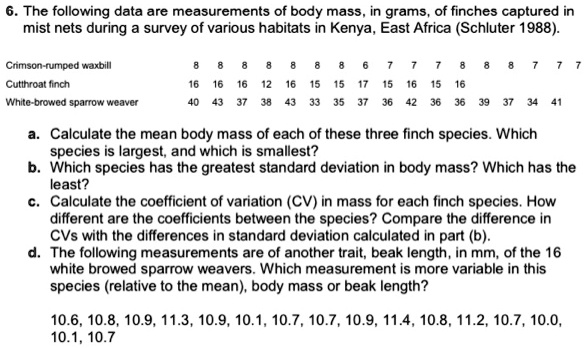 SOLVED: The following data are measurements of body mass in grams of ...
