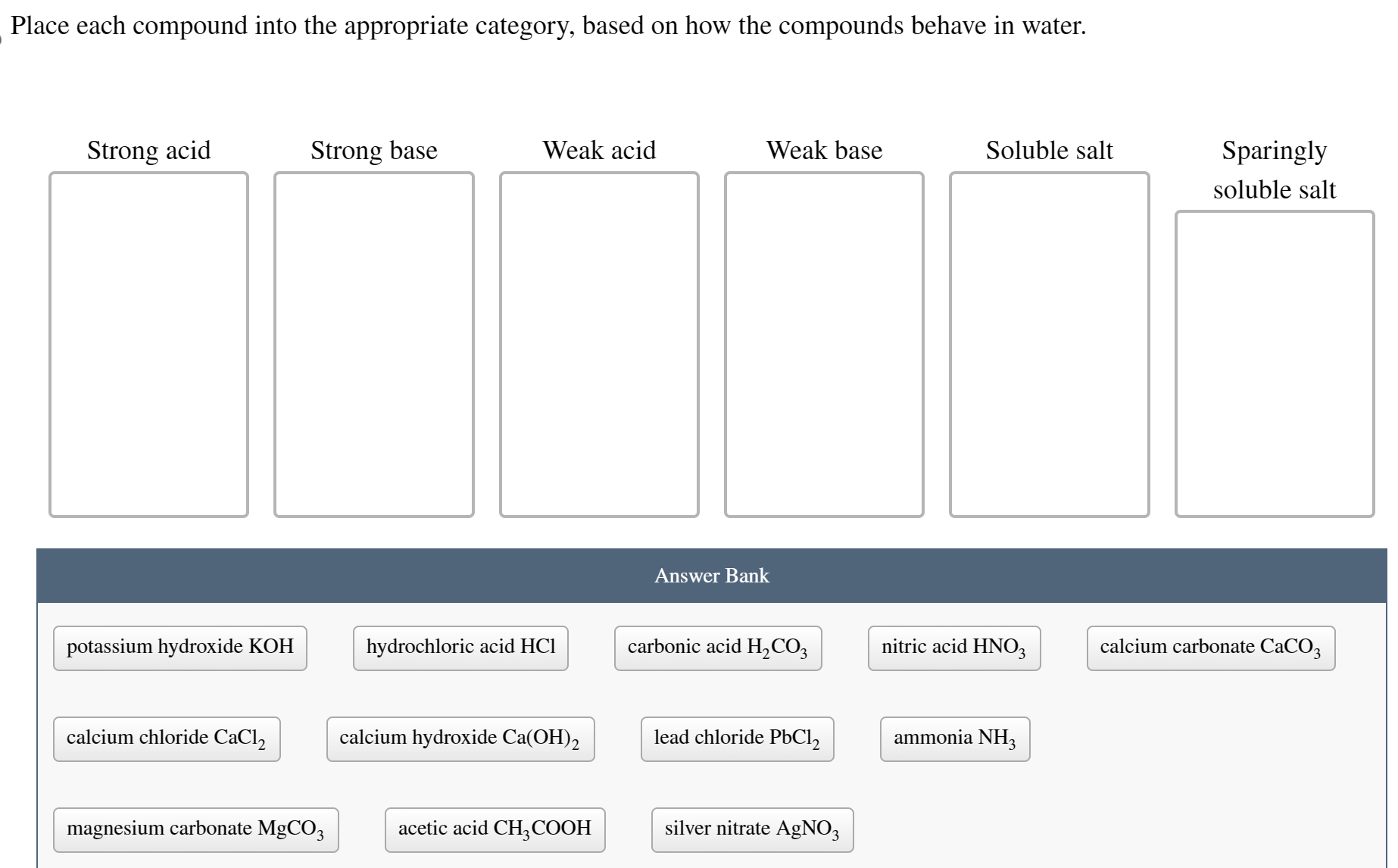 SOLVED: Place each compound into the appropriate category, based on how ...