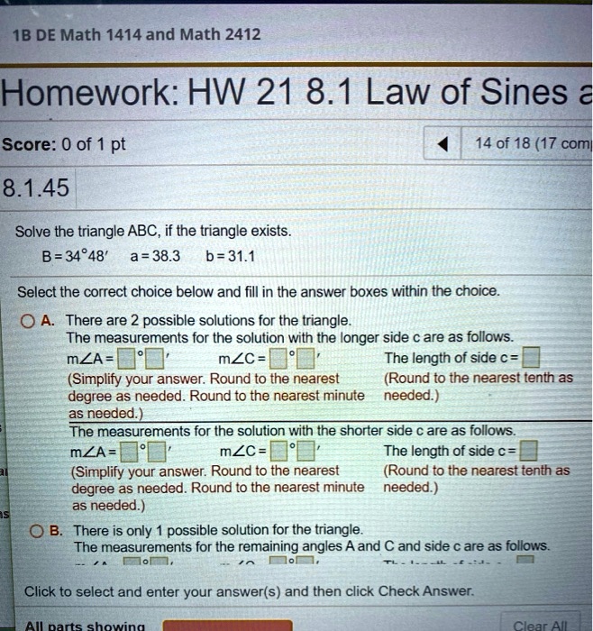 SOLVED:1B DE Math 1414 and Math 2412 Homework: HW 21 8.1 Law of Sines ...