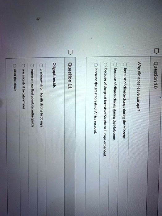 SOLVED: Oligopithecids Question DCcause Why did 1 Question 11 apes ...