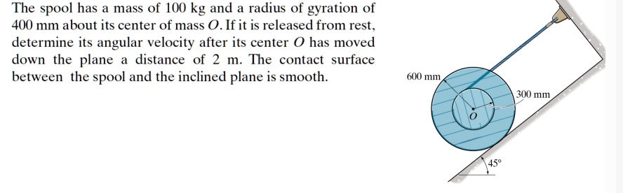 SOLVED: The spool has a mass of 100kg and a radius of gyration of 400mm about its center of mass ...