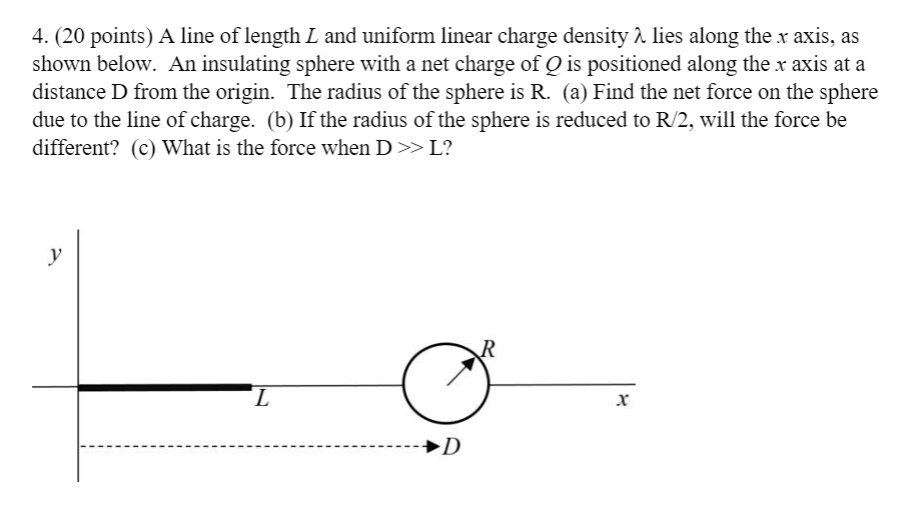 SOLVED: 4. (20 points) A line of length L and uniform linear charge ... SOLVED: 4. (20 points) A line of length L and uniform linear charge ...