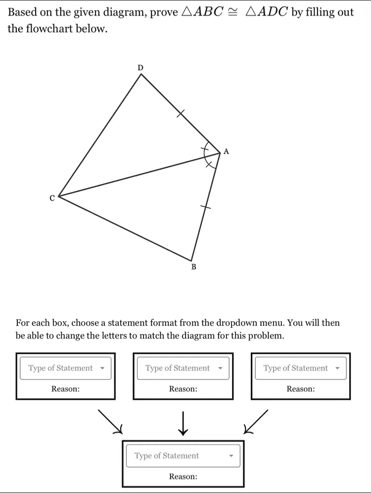 SOLVED: Based on the given diagram, prove ABC = ADC by filling out the flowchart below. For each ...