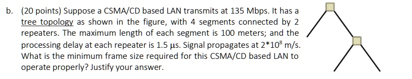 SOLVED: Q. (20 points) Suppose a CSMA/CD based LAN transmits at 135 Mbps. It has a tree topology ...
