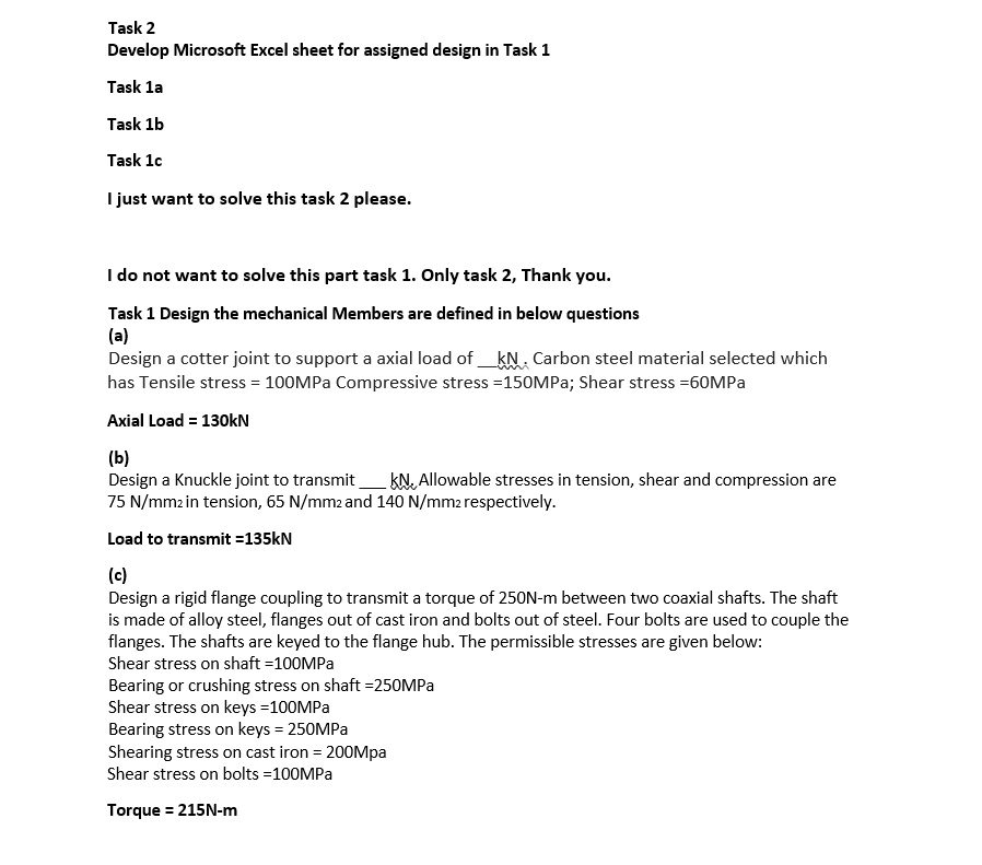 Solved Task 2 Develop Microsoft Excel Sheet For Assigned Design In Task 1 Task 1a Task 1b Task 1187