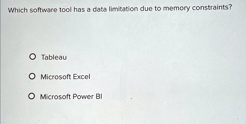 SOLVED: Which software tool has a data limitation due to memory constraints? - Tableau ...