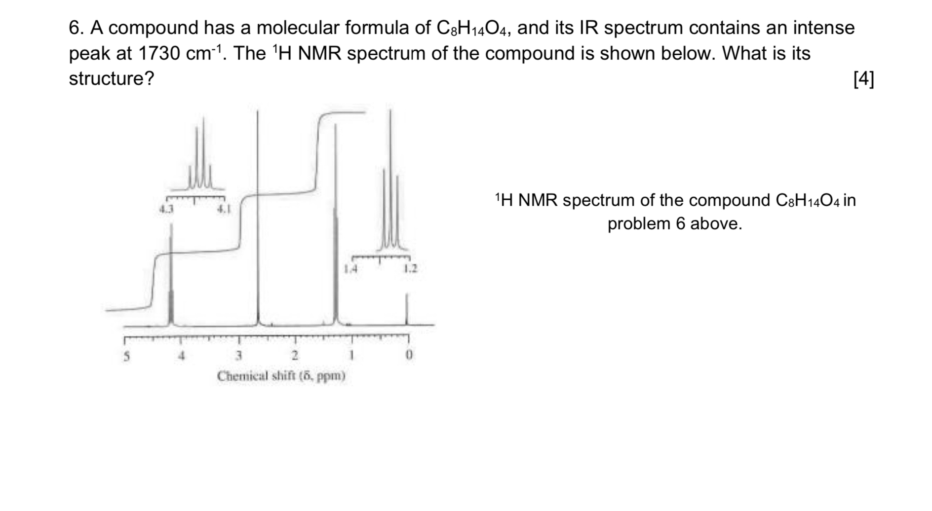 6. A compound has a molecular formula of C8H14O4, and its IR spectrum contains an intense peak ...