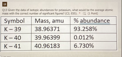 13 Q13 Given the data of isotopic abundances for potassium, what would ...