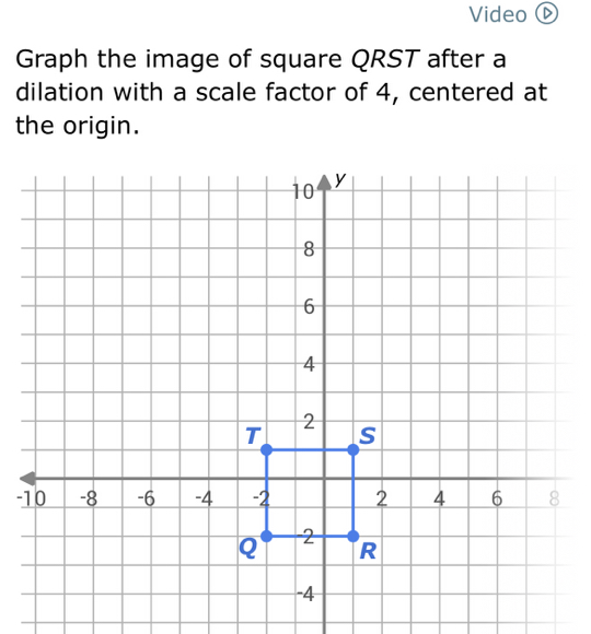 SOLVED: Video (D) Graph the image of square Q R S T after a dilation with a scale factor of 4 ...