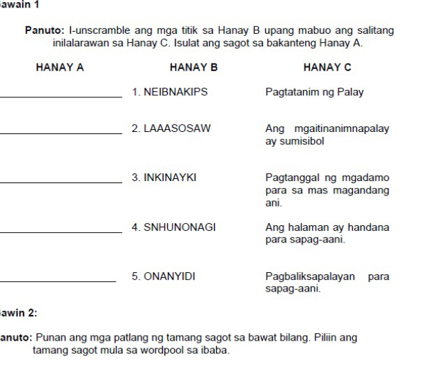 SOLVED: awain 1 Panuto: I-unscramble ang mga titik sa Hanay B upang ...