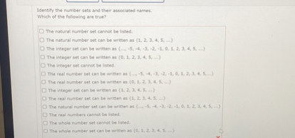Identify the number sets and their associated names. Which of the ...
