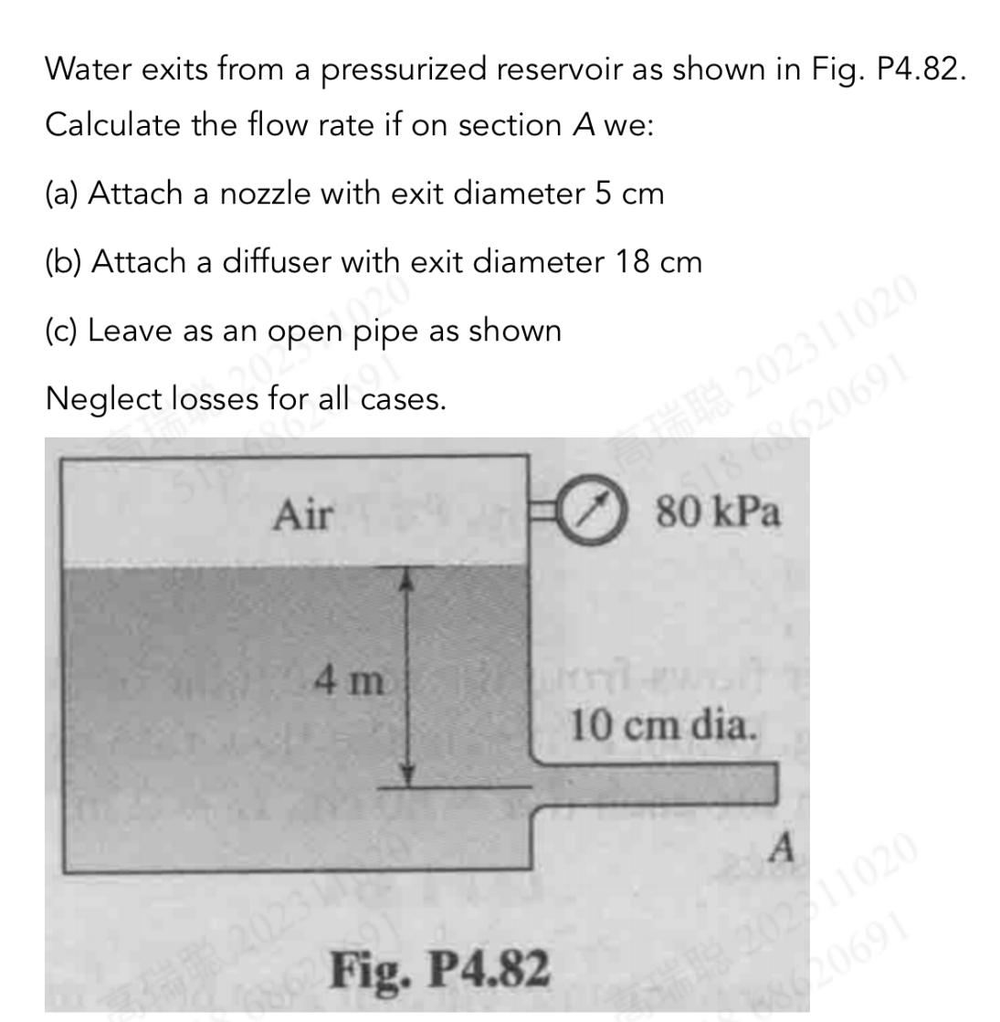 water exits from a pressurized reservoir as shown in fig p482 calculate ...