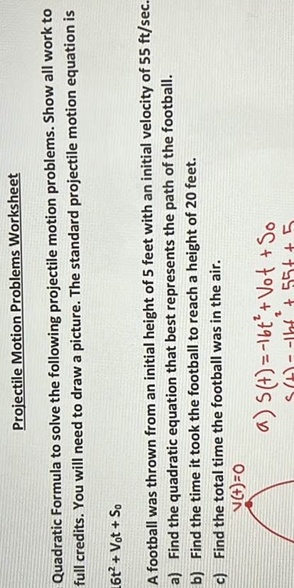 Solved Projectile Motion Problems Worksheet Quadratic Formula To Solve