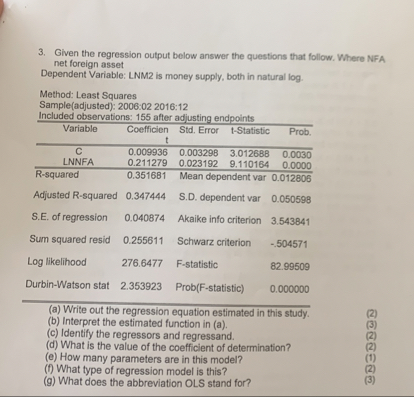 SOLVED: 3. Given the regression output below answer the questions that follow. Where NFA net ...