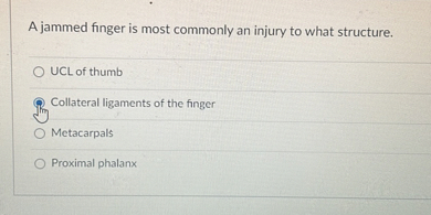A jammed finger is most commonly an injury to what structure. UCL of ...