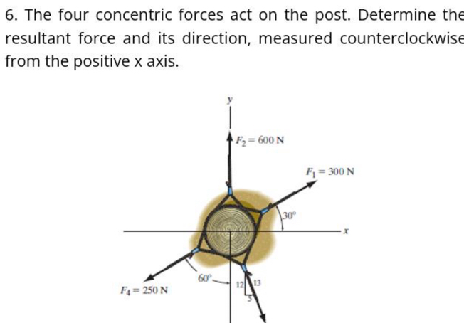[GET ANSWER] 6. The four concentric forces act on the post. Determine ...
