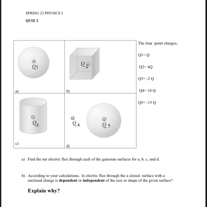 SOLVED: SPRING 23 PHYSICS 2 QUIZ 2 a) Find the net electric flux through each of the gaussian ...