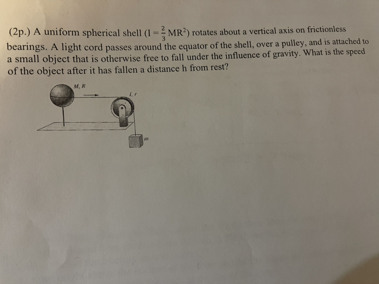 SOLVED: (2p.) A uniform spherical shell (I=(2)/(3)MR^2) rotates about a ...