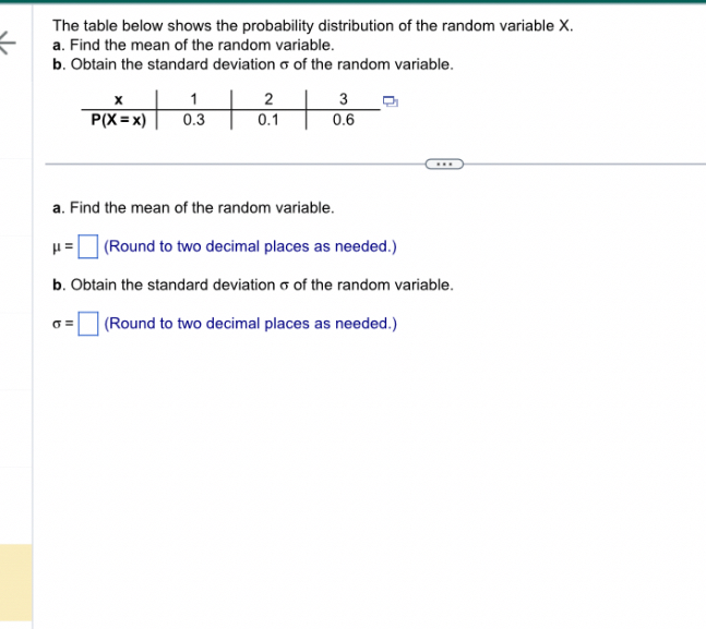 SOLVED: The table below shows the probability distribution of the random variable X. a. Find the ...