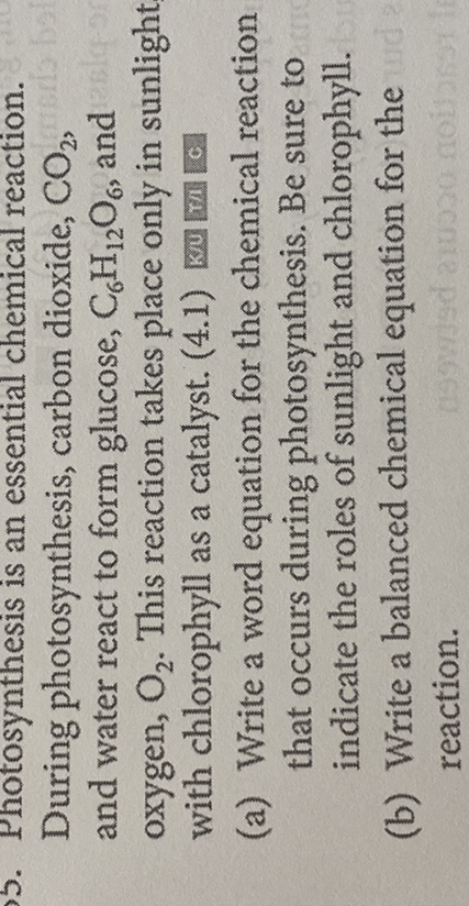 SOLVED: Photosynthesis is an essential chemical reaction. During ...