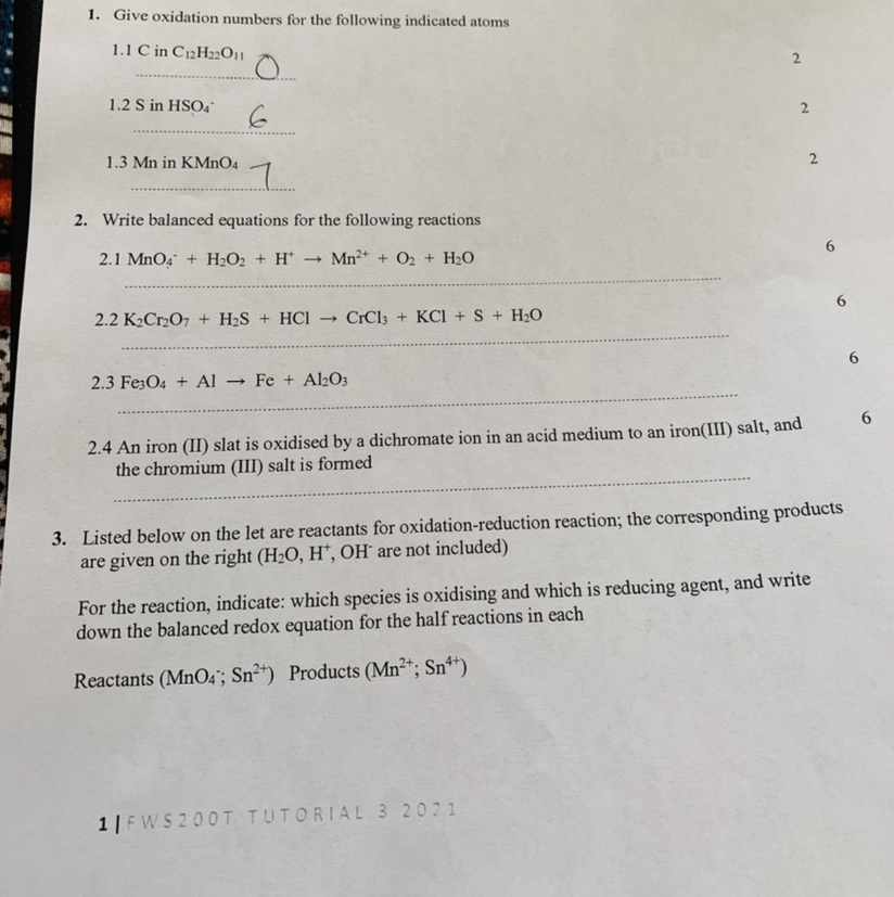 SOLVED: 1. Give oxidation numbers for the following indicated atoms 1.1 ...