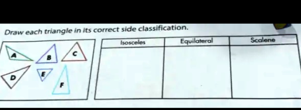 SOLVED: Draw each triangle in its correct side classification. SOLVED: Draw each triangle in its correct side classification.
