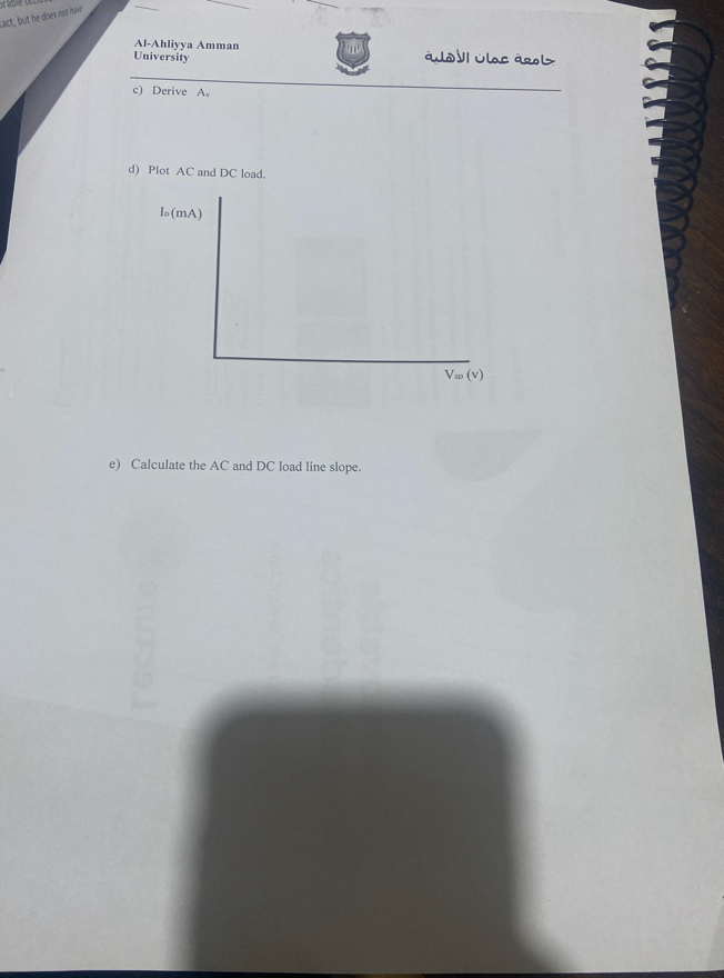 Al-Ahliyya Amman University ????? ???? ?????? c) Derive Av d) Plot AC ...