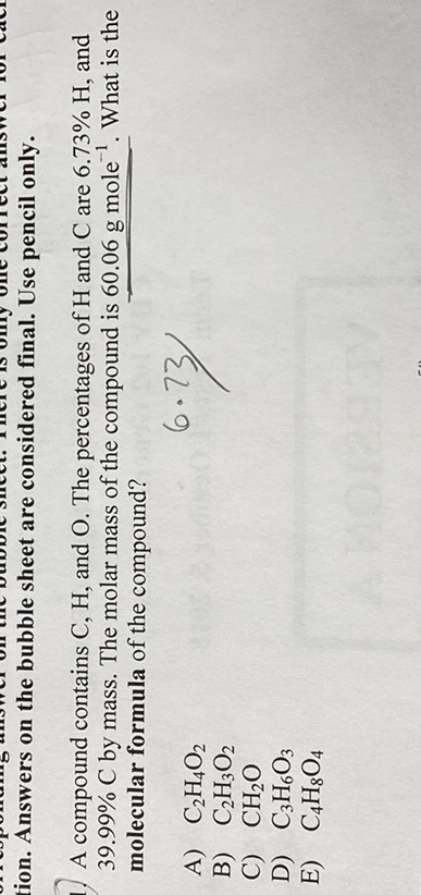 SOLVED: A compound contains \( \mathrm{C}, \mathrm{H} \), and \( \mathrm{O} \). The percentages ...