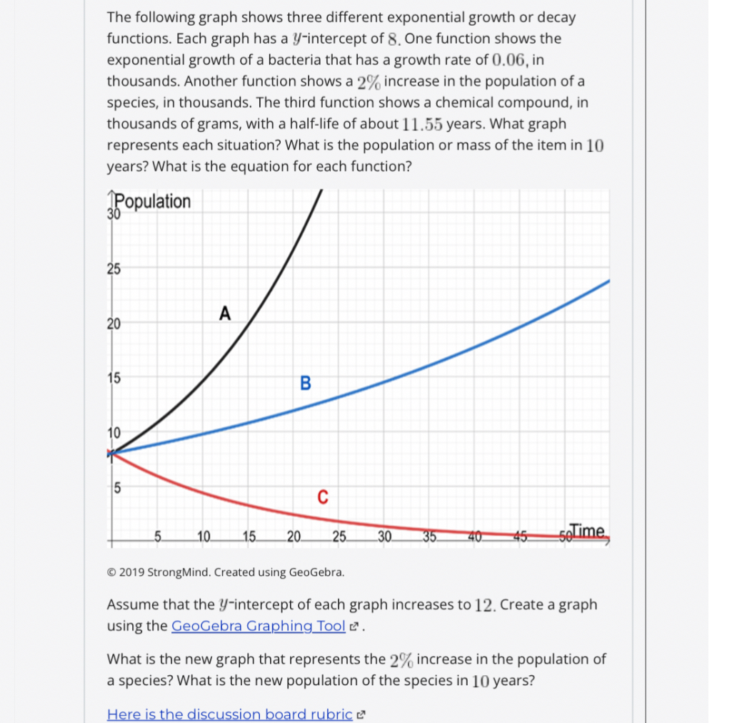 SOLVED: The following graph shows three different exponential growth or ...