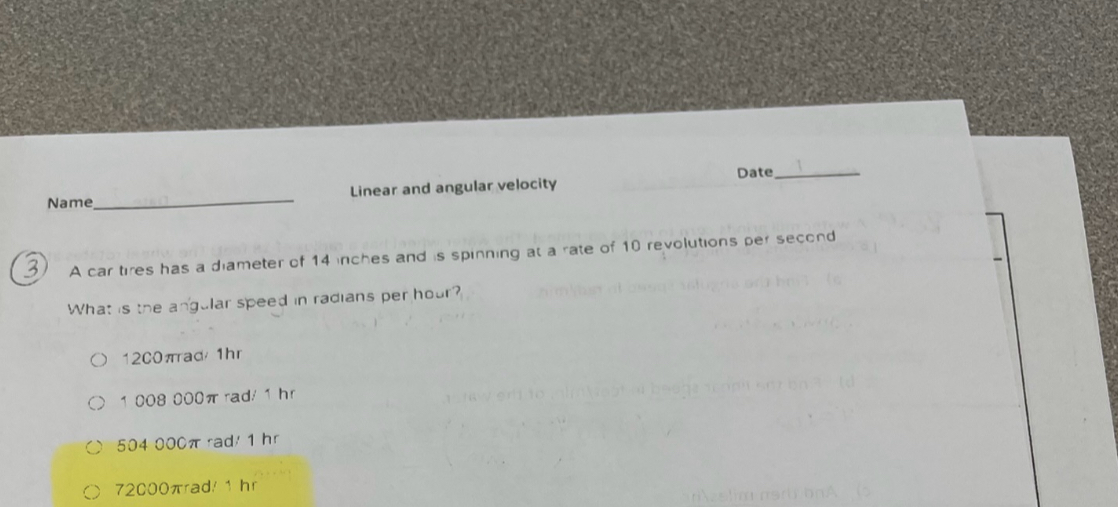 SOLVED: Name Linear and angular velocity Date (3) A car tires has a ...
