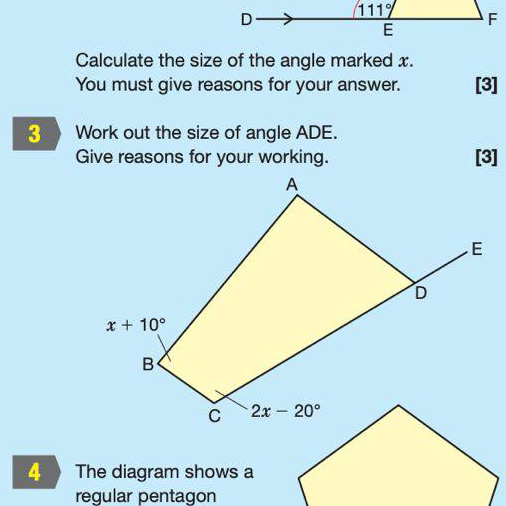 SOLVED: Calculate the size of the angle marked x. You must give reasons for your answer. [3] 3 ...