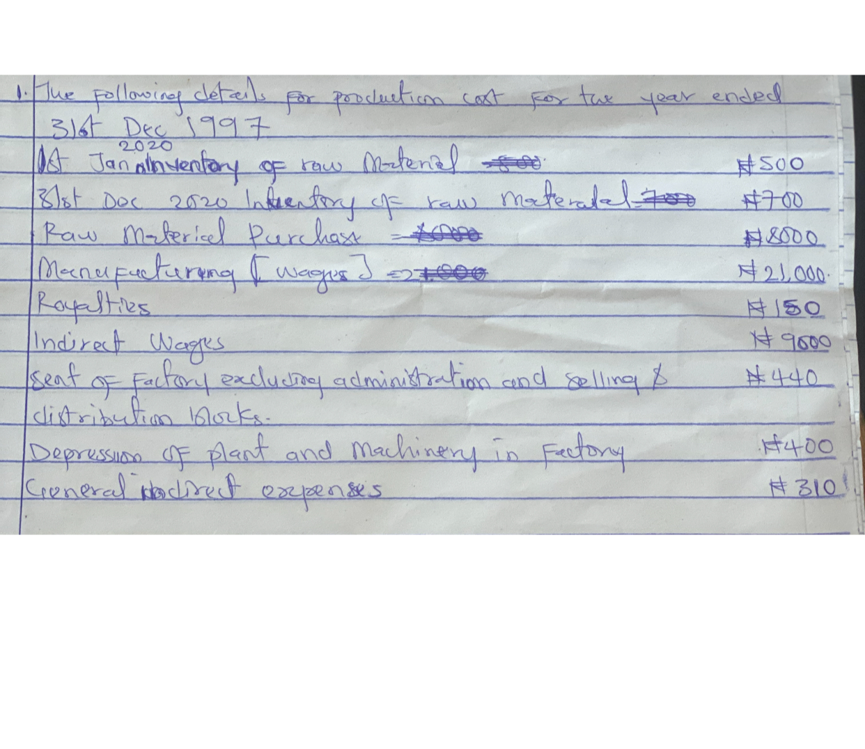 SOLVED: 1. The following details for production cost for twe year ended ...