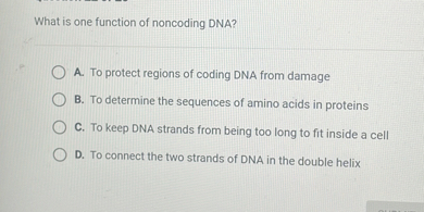SOLVED: What is one function of noncoding DNA? A. To protect regions of ...